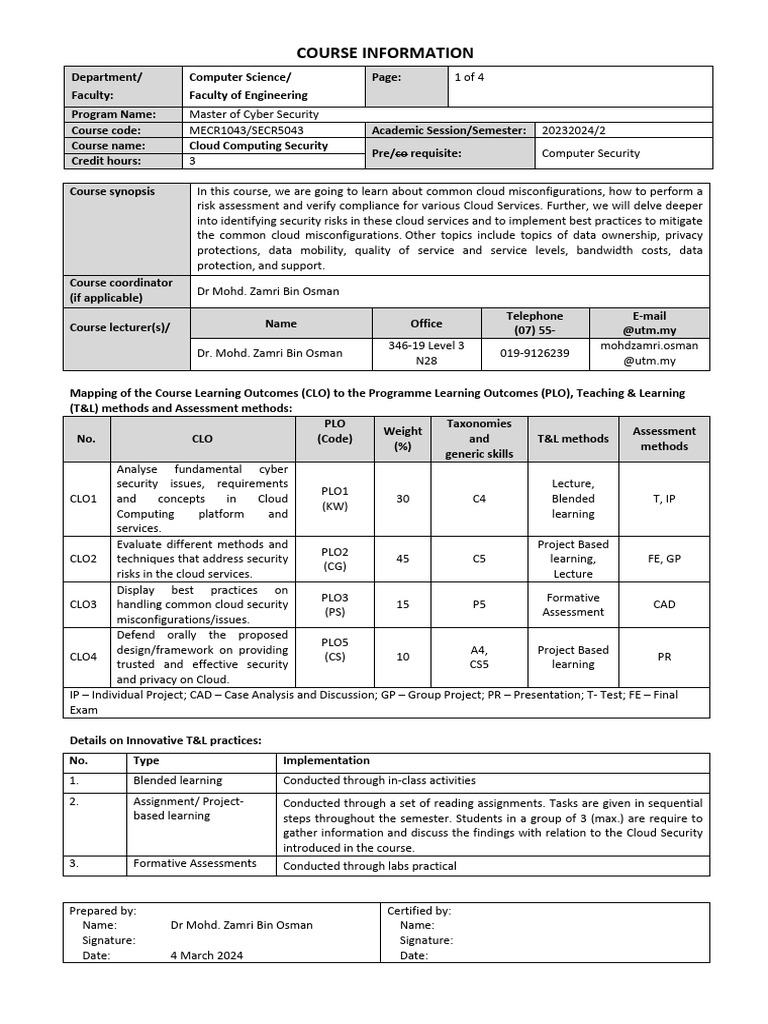 MECH1043 - CI Cloud Computing Security. SEM2 2023-2024 | PDF | Cloud Computing | Computer Security