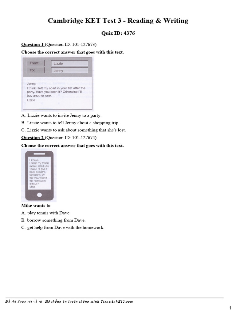 Quiz - 4376 - Cambridge Ket Test 3 - Reading Writing | PDF