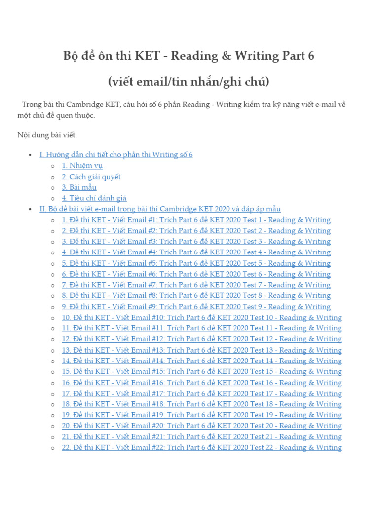 Bộ đề ôn thi KET- WRITING - TASK 6 - EMAIL -25 WORDS | PDF
