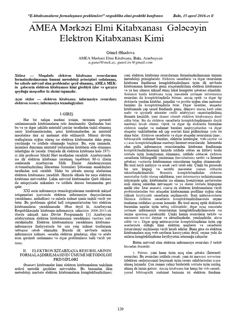 AMEA Mərkəzi Elmi Kitabxanası Gələcəyin Elektron Kitabxanası Kimi | PDF