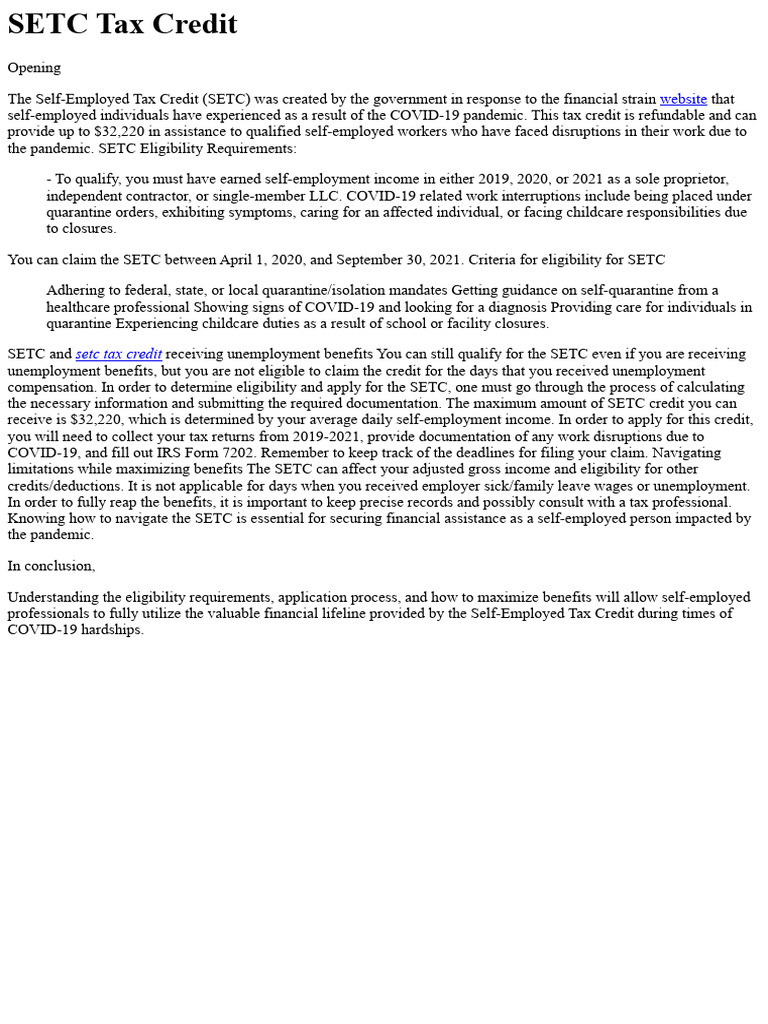 SETC Tax Credit Origin 215877 | PDF | Self Employment | Small Business & Entrepreneurs