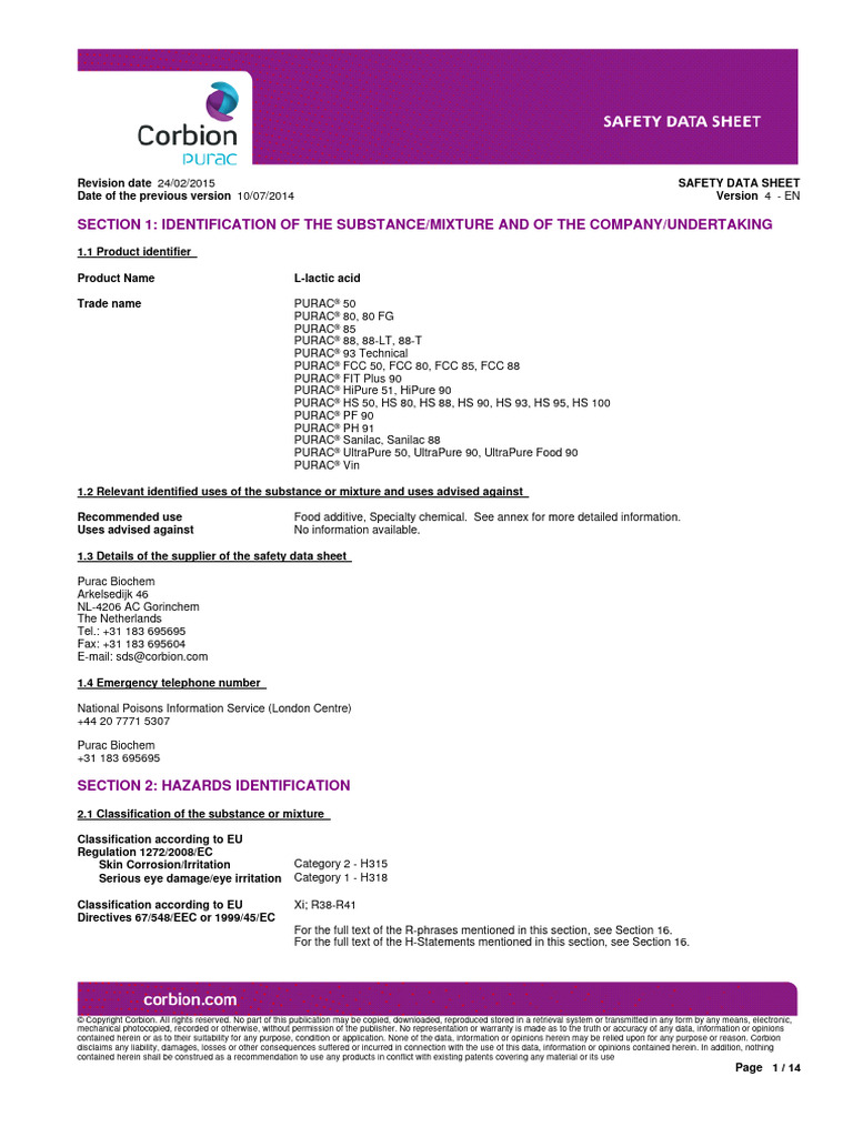 Lactic Acid MSDS | PDF | Toxicity | Firefighting