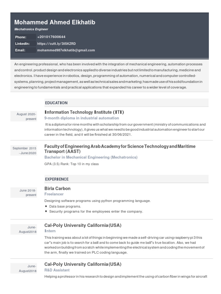 Mechatronics Engineer Resume Overview | PDF | Mechatronics | Automation