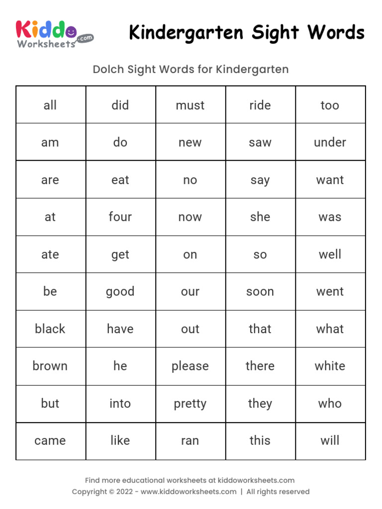 Sight Words Kindergarten Worksheet | PDF
