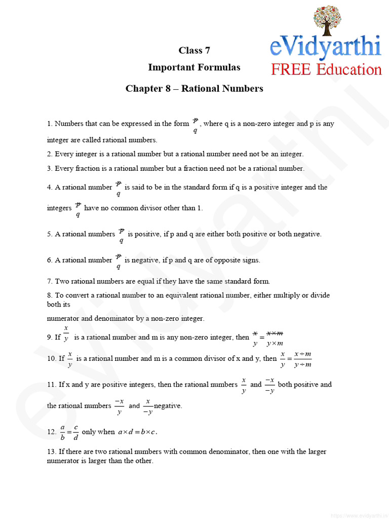 Class 7 Chapter 8 Maths Important Formulas | PDF | Rational Number ...