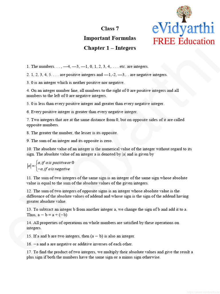 Class 7 Integers: Key Formulas | PDF | Integer | Multiplication
