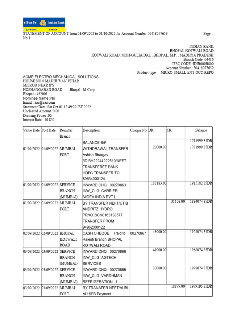 Indian Bank Account Statement Summary | PDF | Cheque | Business Economics