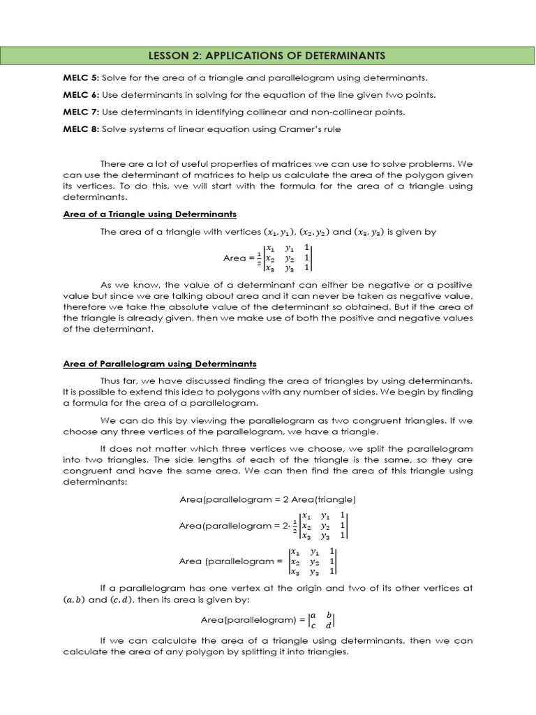 Q2 LESSON 2 - APPLICATIONS OF DETERMINANTS (1) | PDF | Area | Triangle