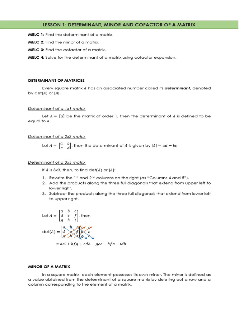 Q2 Lesson 1 - Determinant, Minor and Cofactor of A Matrix | PDF ...