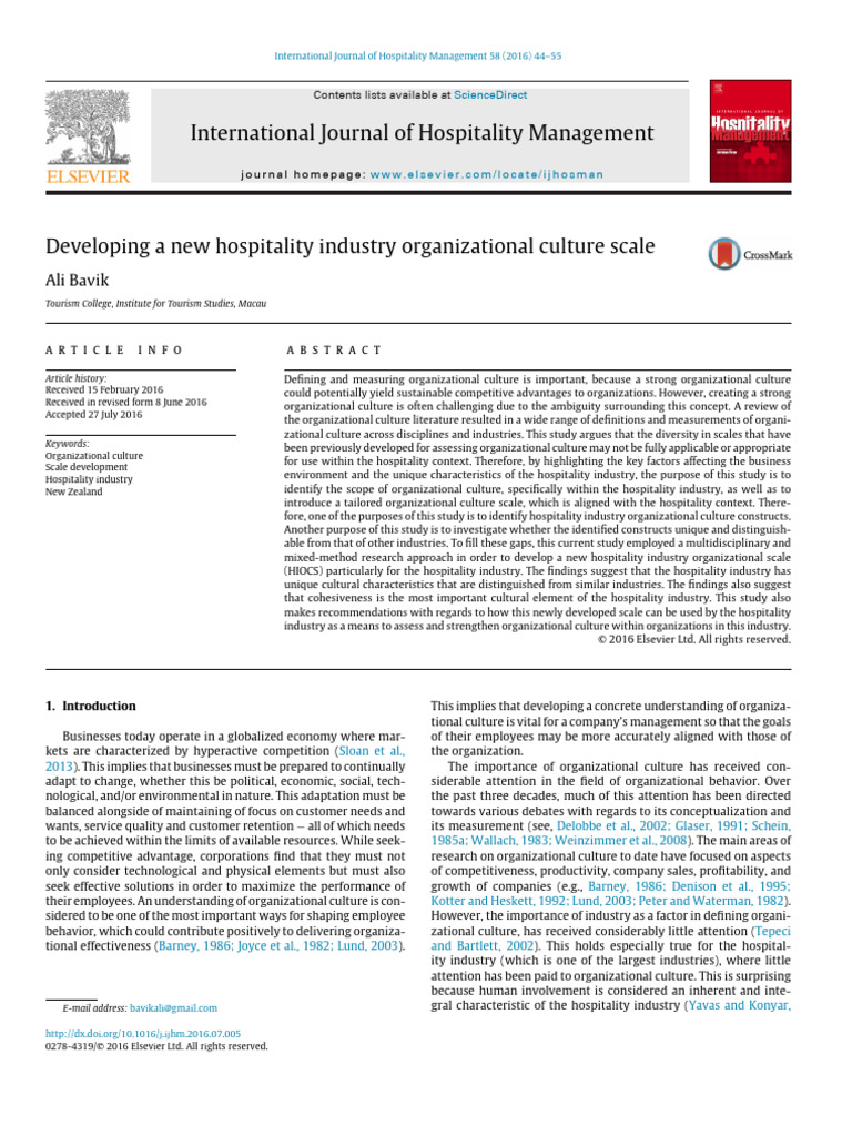 Hospitality Industry Culture Scale Development | PDF | Organizational ...