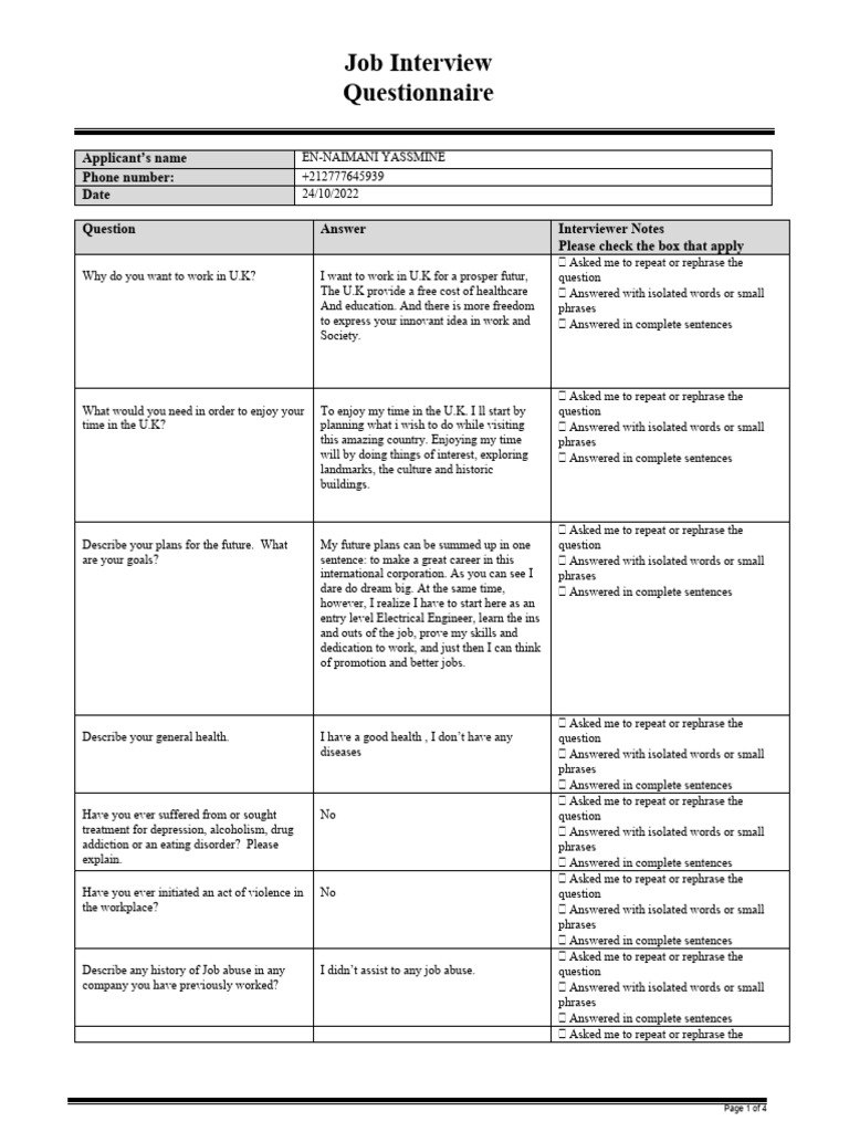 Job Interview Questionnaire | PDF | English Language | Substance Abuse