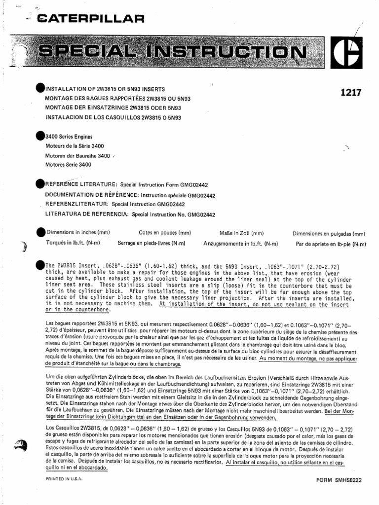 Caterpillar Service bulletin Installing Bushings Cat 3400 Instructions ...