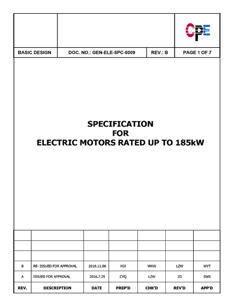 GEN-ELE-SPC-0009 Specification for Electric Motors Rated up to 185kW | PDF