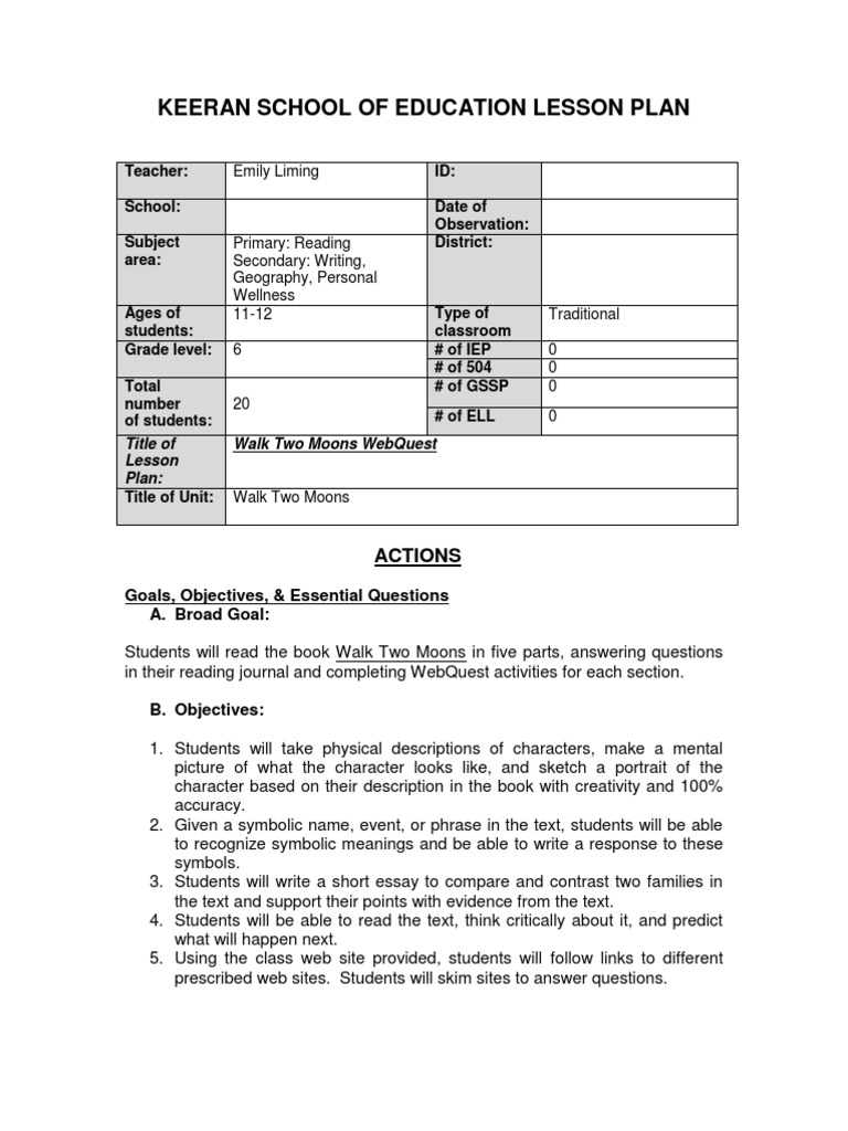 Walk Two Moons WebQuest Lesson Plan | PDF | Reading Comprehension ...