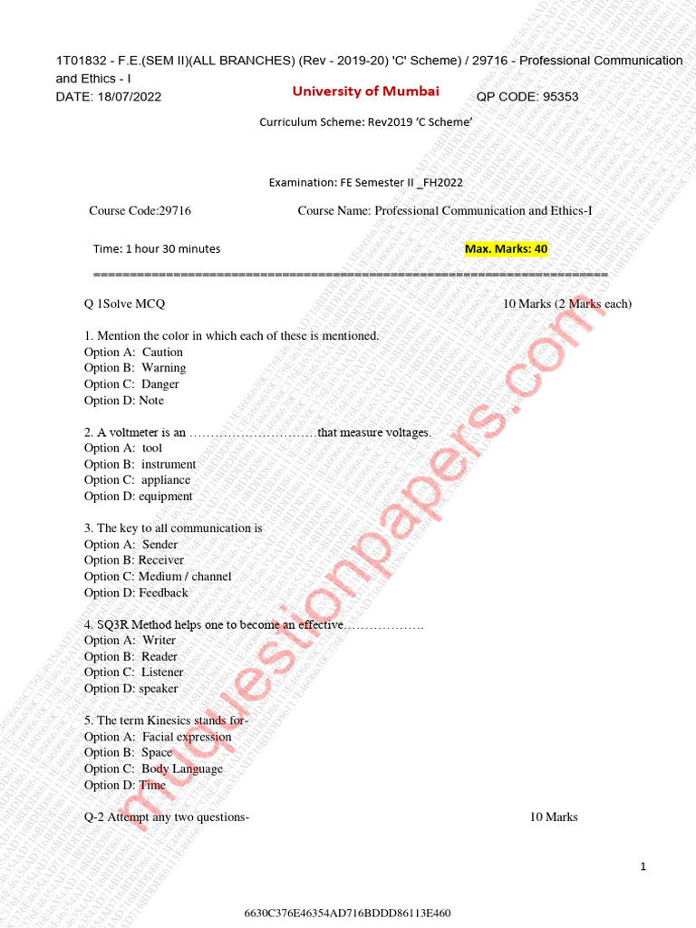 Be First Year Engineering Semester 2 2022 May Professional Communication and Ethics I Rev 2019c ...