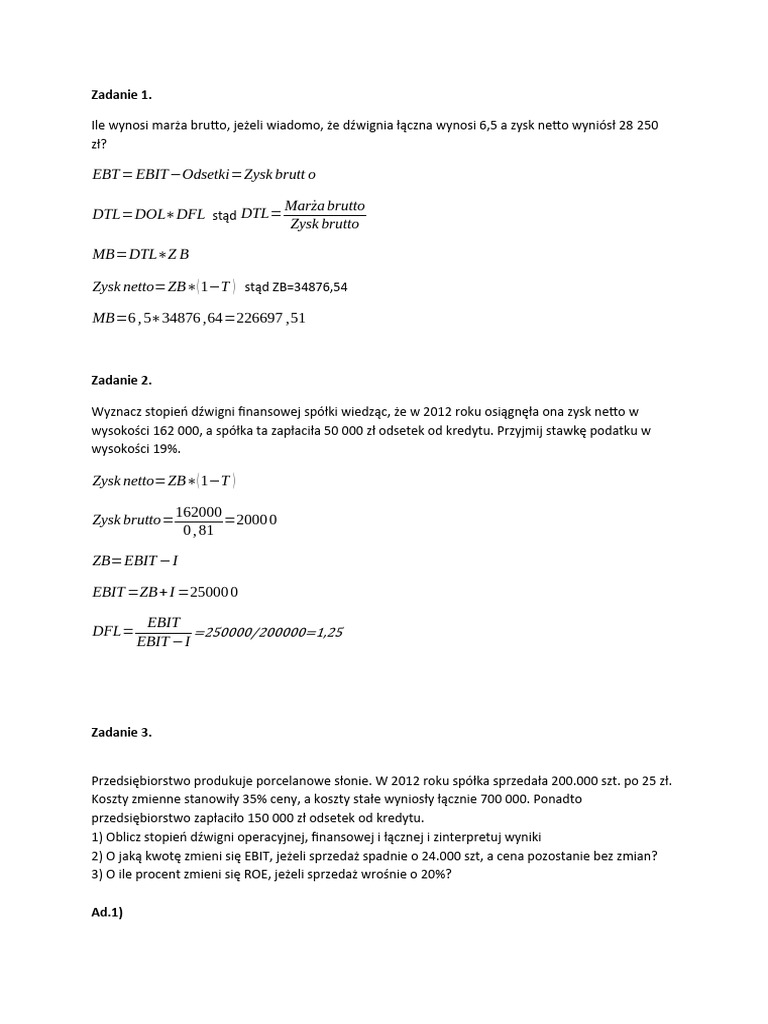 dźwignia operacyjna i finansowa - zadania | PDF