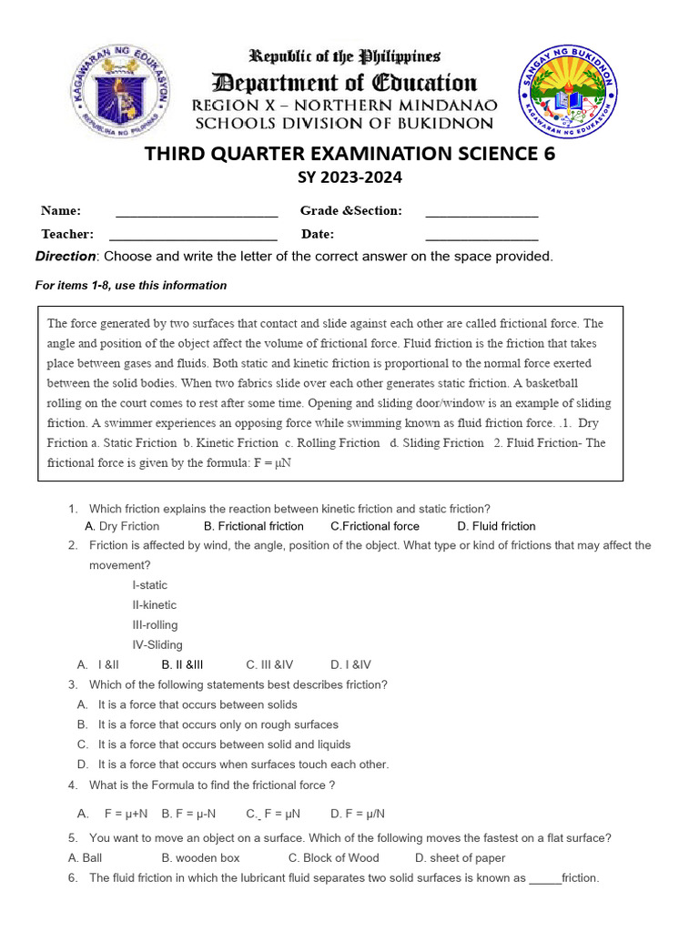 Science6 Q3 Test | PDF | Friction | Gravity