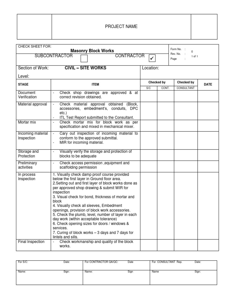 Masonry Block Works Inspection Checklist | PDF | Civil Engineering ...