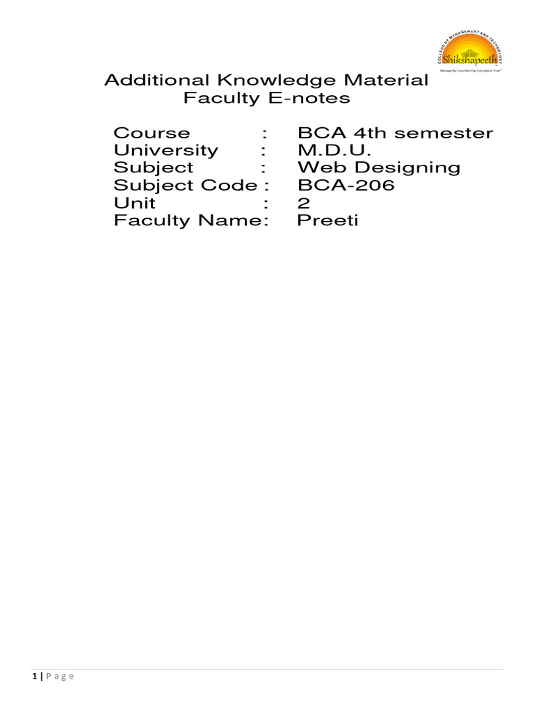 BCA 4th Sem Web Designing Notes | PDF | Dynamic Html | Hyperlink