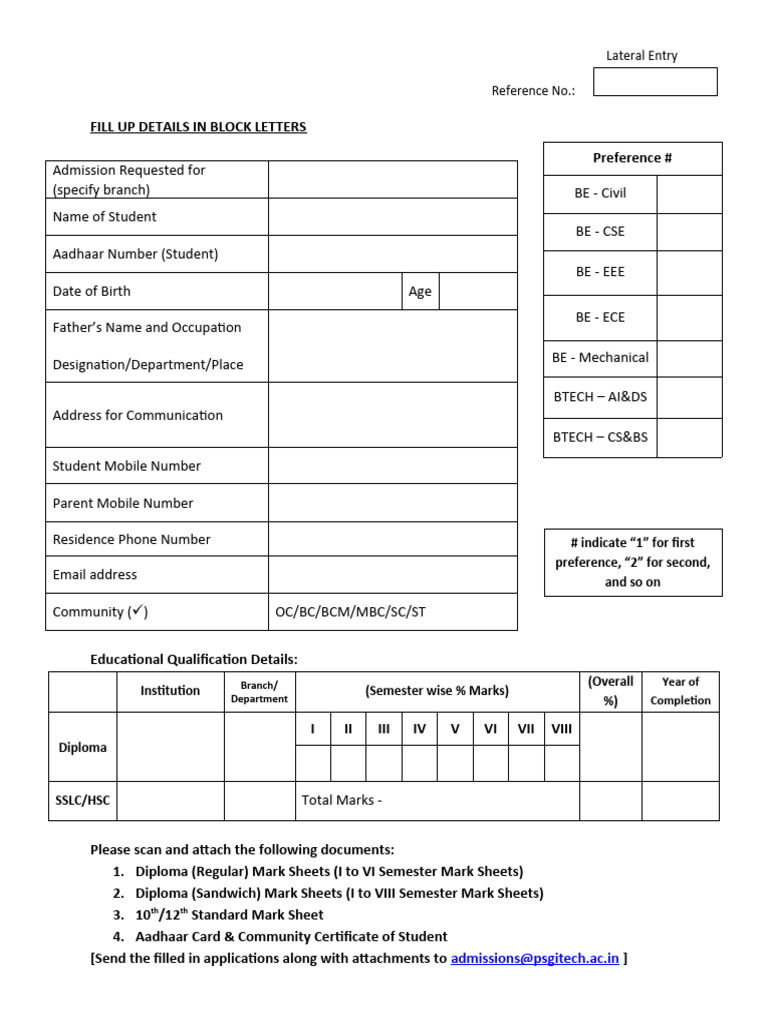 LE-BE&B.TECH-Application For Admission-2024-2025 | PDF
