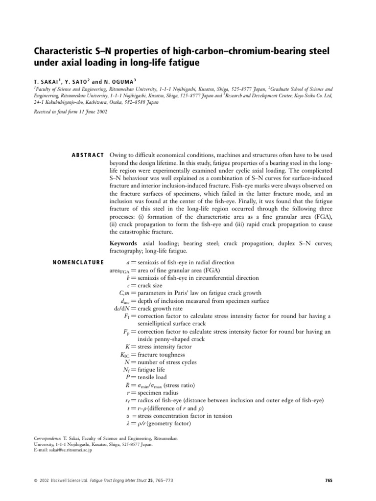Fatigue Fract Eng Mat Struct - 2002 - SAKAI - Characteristic S N ...