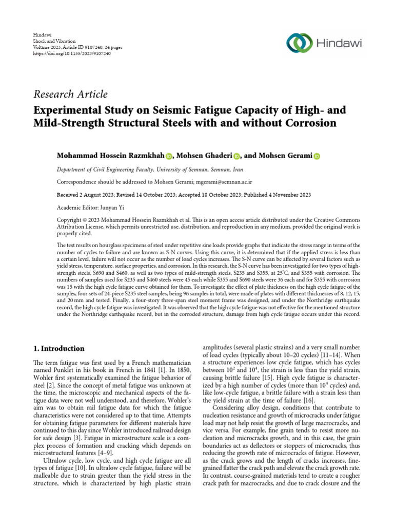 Shock and Vibration - 2023 - Razmkhah - Experimental Study On Seismic ...