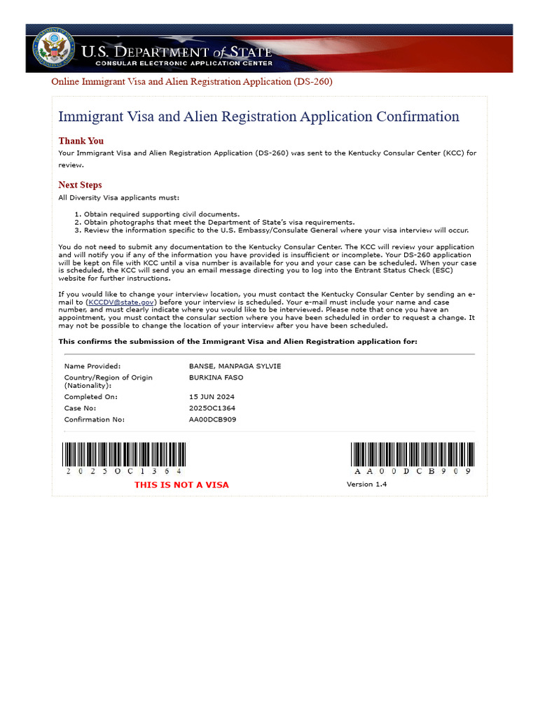 BANSE-Immigrant Visa and Alien Registration - Confirmation Page | PDF