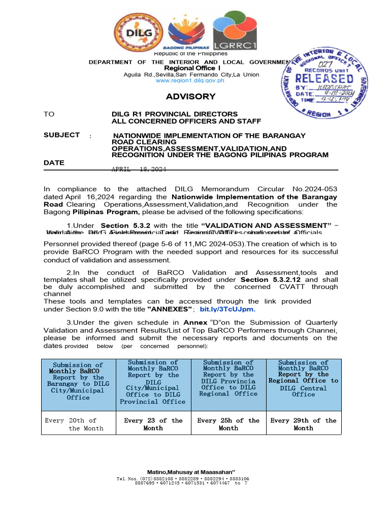 Nationwide Implementation of The Barangay Road Clearing Operations ...