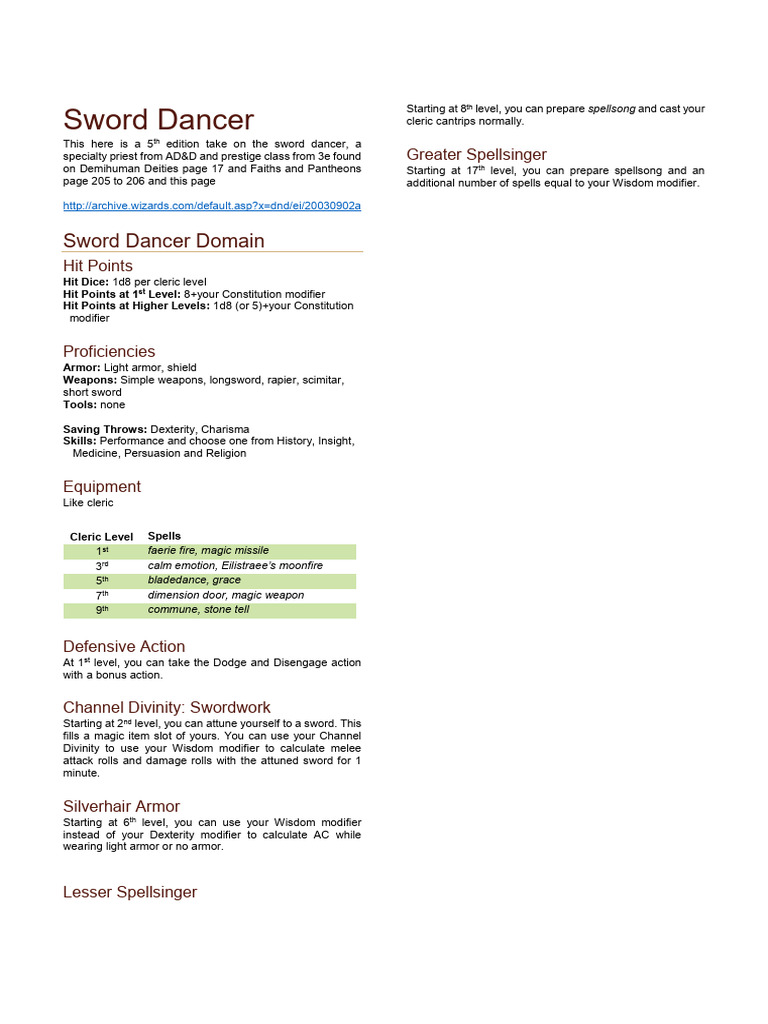 5E Sword Dancer Cleric Guide | PDF