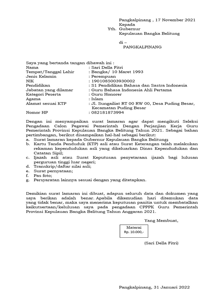 Contoh Surat Lamaran CPPPK-1 | PDF