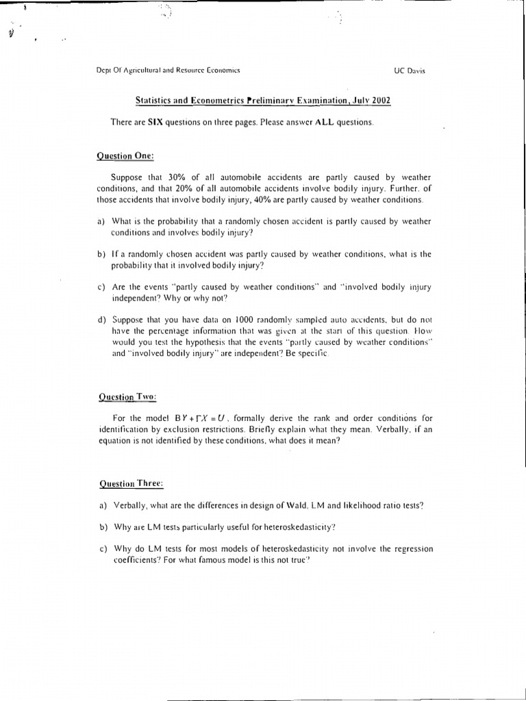 Econometrics Preliminary Exams 2002 2006 | PDF | Ordinary Least Squares ...