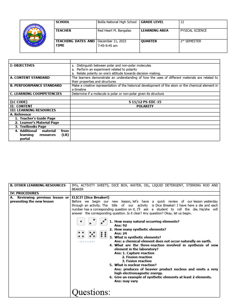 Physical Science MELCS 1 | PDF | Chemical Polarity | Chemical Bond