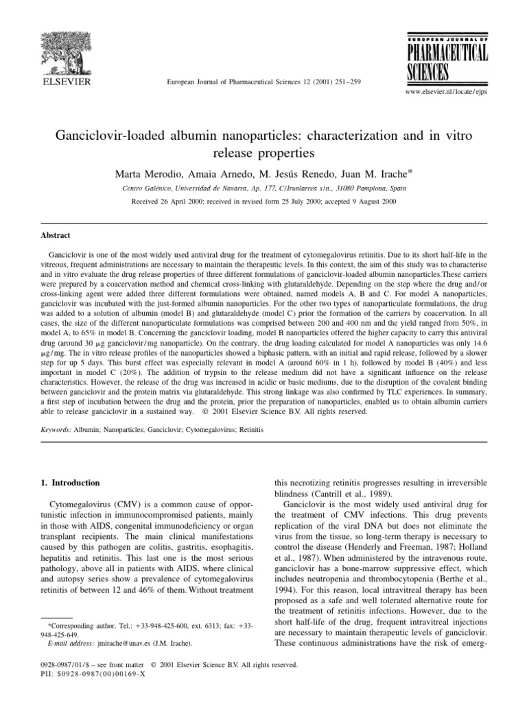 Ganciclovir-Loaded Albumin Nanoparticles Characterization and in Vitro ...