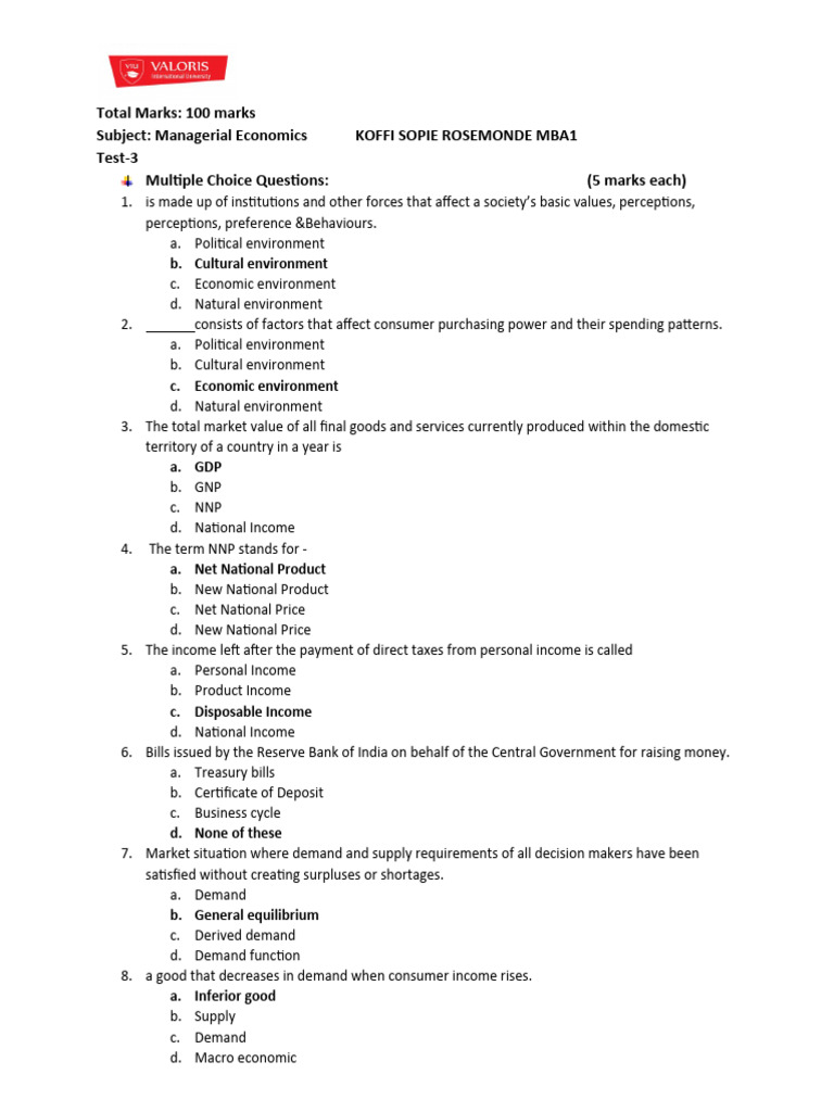 MBA Managerial Economics Quiz | PDF | Elasticity (Economics) | Economics