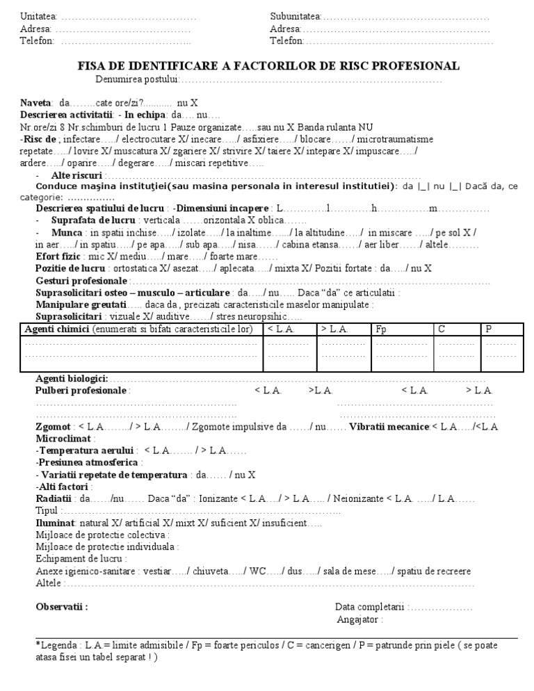 Fisa de Identificare A Factorilor de Risc Profesional | PDF