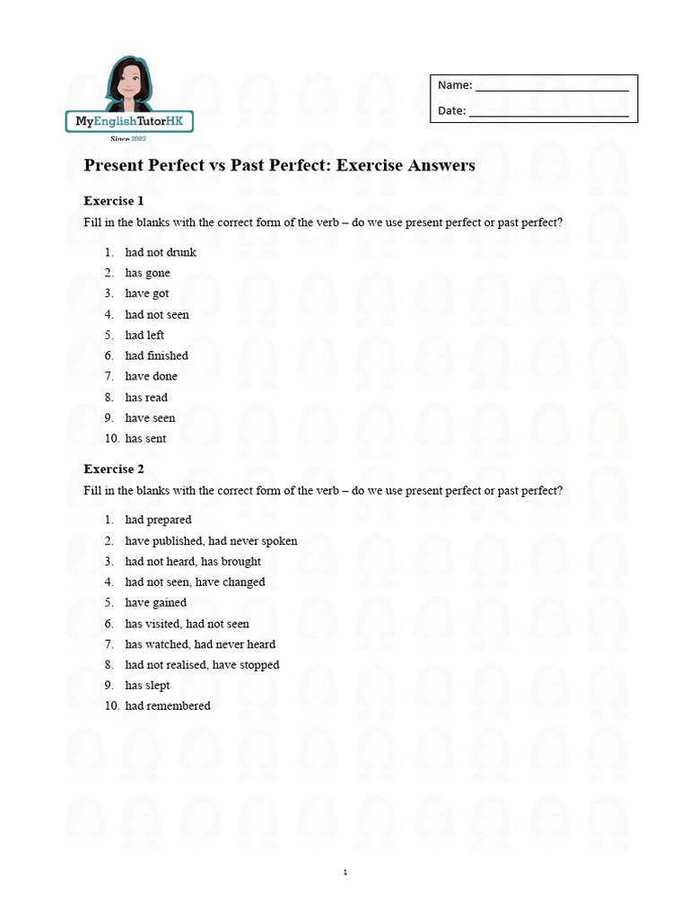 Year 5 1st Term Exam Present Perfect Vs Past Perfect Ex Ans 230493094 | PDF