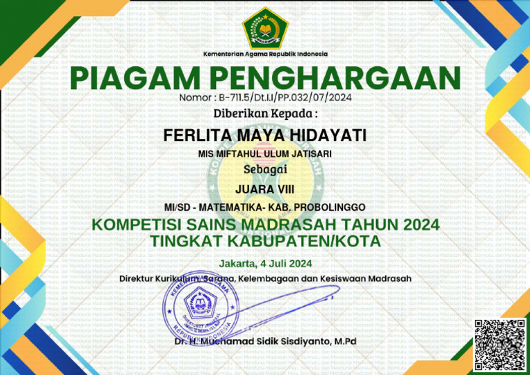 Piagam Sertifikat KSM 2024 Ferlita Maya Hidayati | PDF