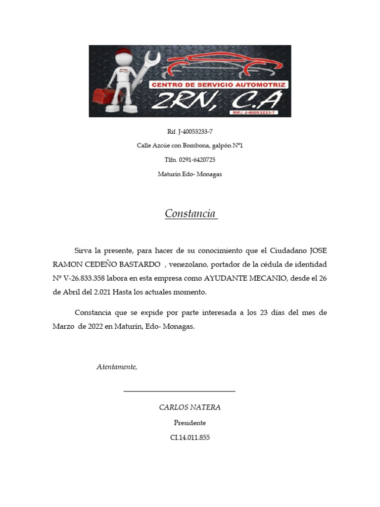 Contancia de Trabajo Carlos Natera | PDF