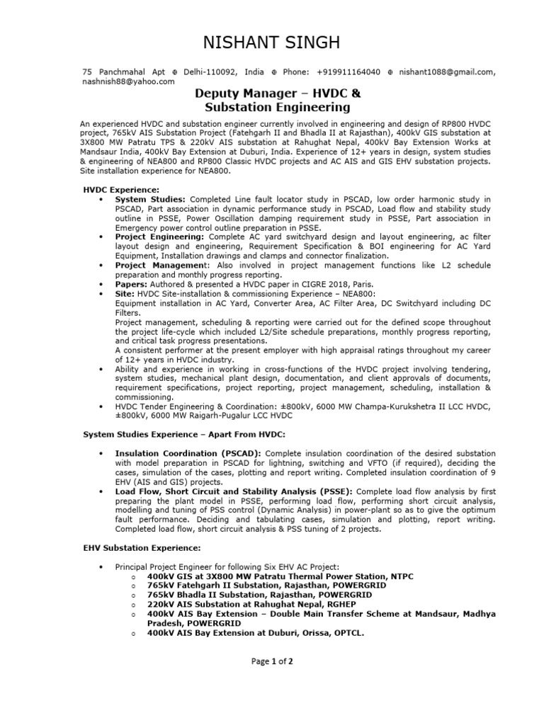 Resume - Nishant Singh2023 | PDF | Electrical Substation | High Voltage Direct Current