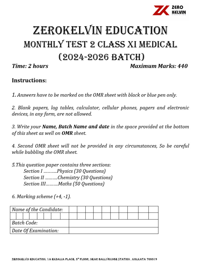 Class XI Monthly Test 2 Paper Medical | PDF | Enzyme Inhibitor | Enzyme
