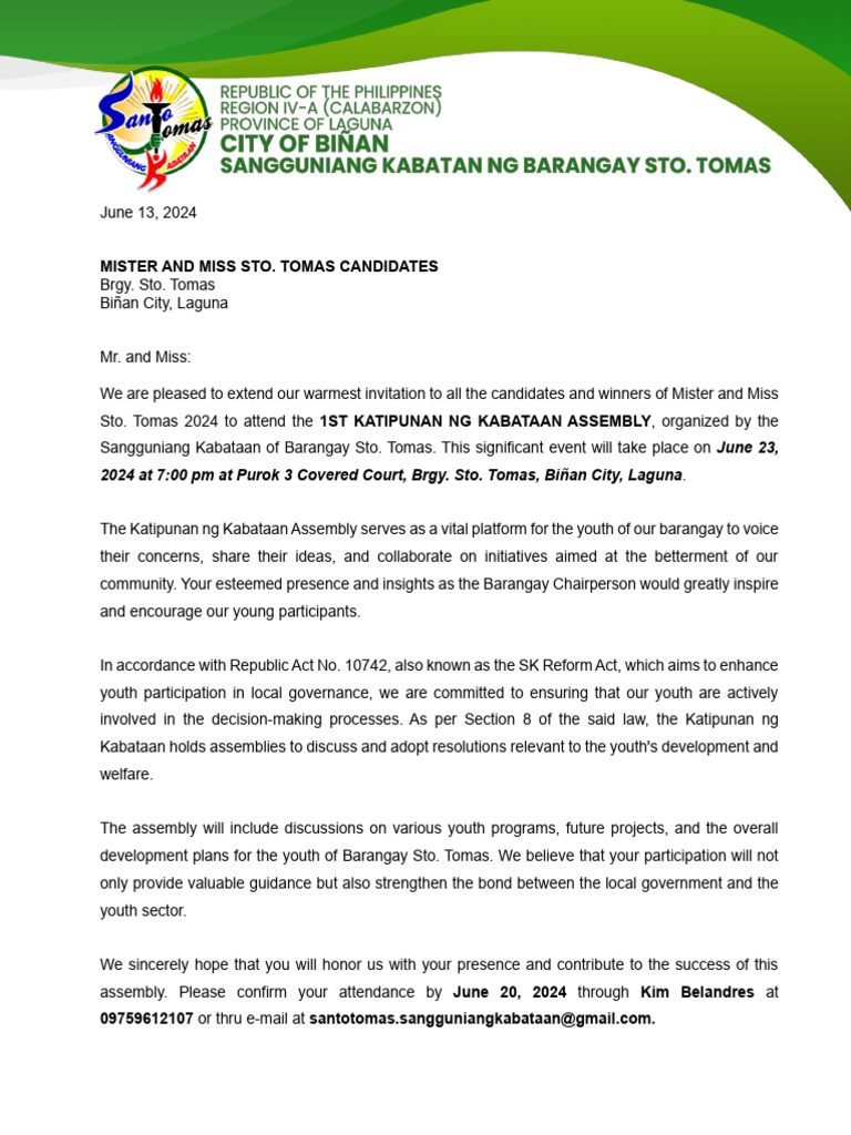 Invitation For KK Assembly - Mister and Miss Sto. Tomas | PDF | Lifestyle