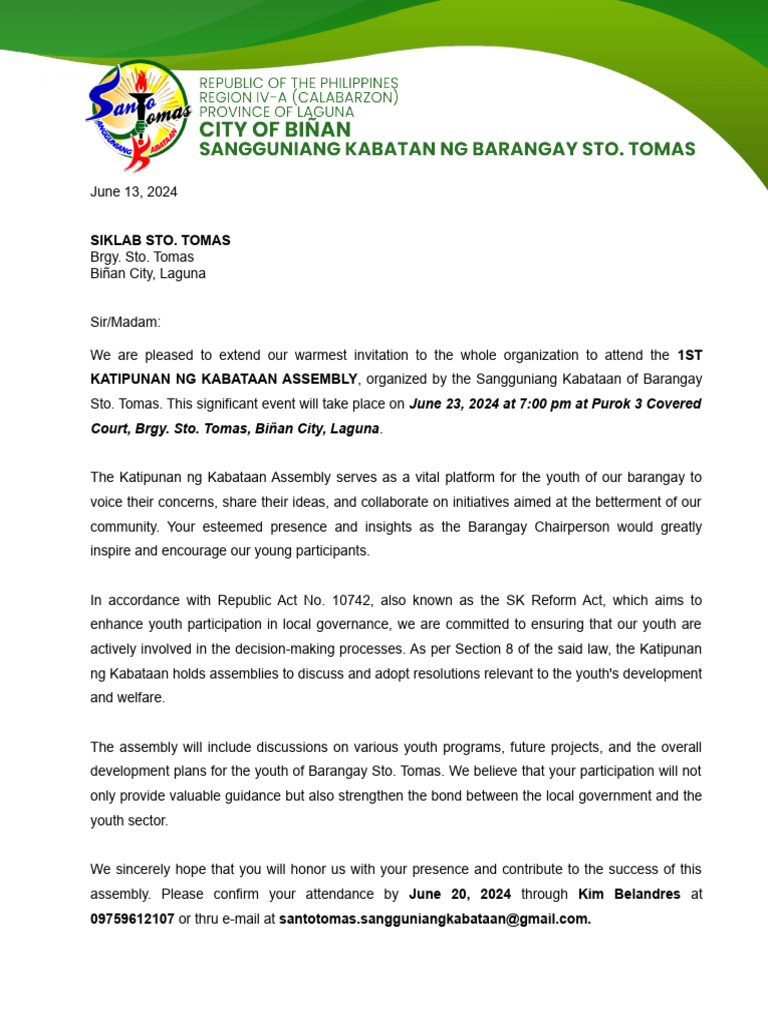 Invitation to 1st Katipunan ng Kabataan Assembly | PDF