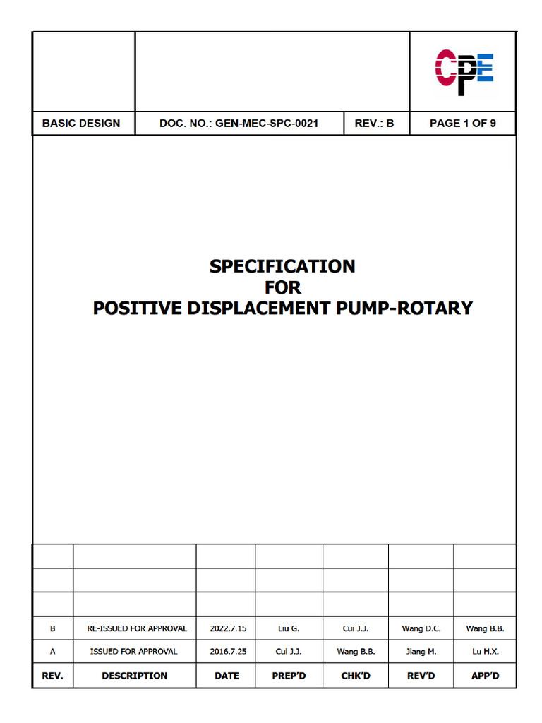 GEN-MEC-SPC-0021 Specification For Positive Displacement Pump Rotary | PDF