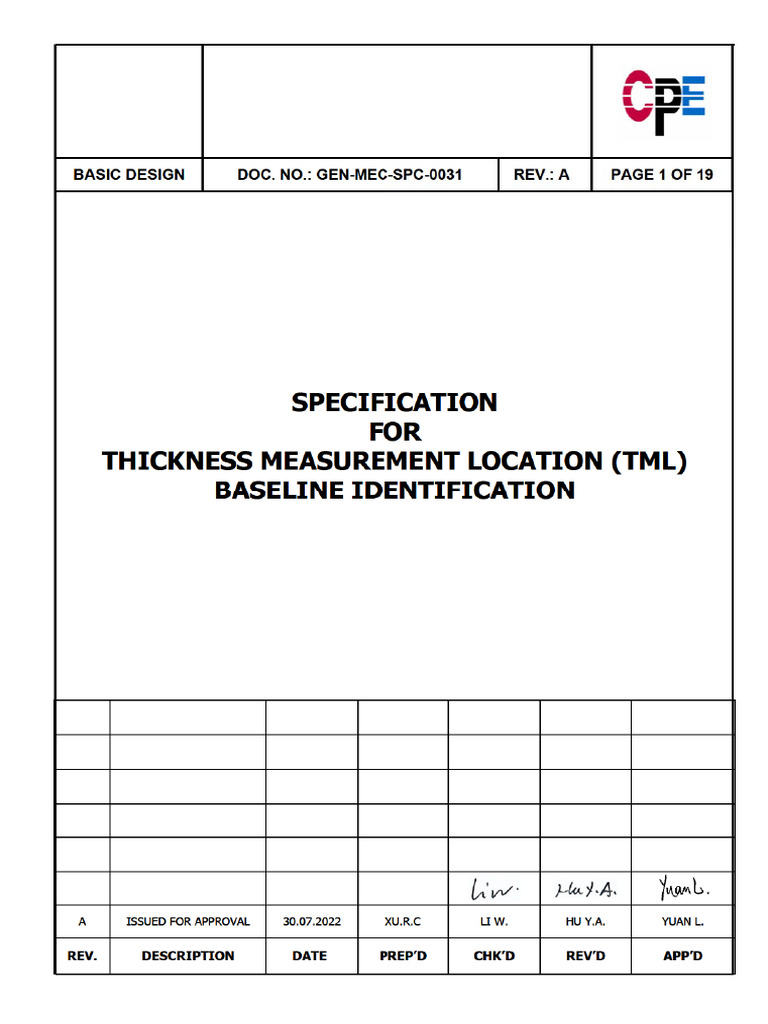 GEN-MEC-SPC-0031 Specification for Thickness Measurement Location(TML) Baseline Identification | PDF
