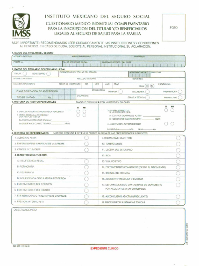 Formato Cuestionario Medico Titular y Beneficiarios Al SSF | PDF