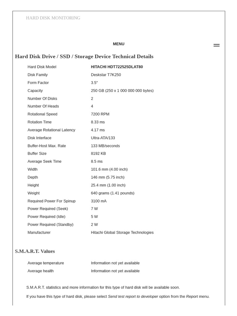 Hard Disk Sentinel - Technical Details For Disk HITACHI | PDF
