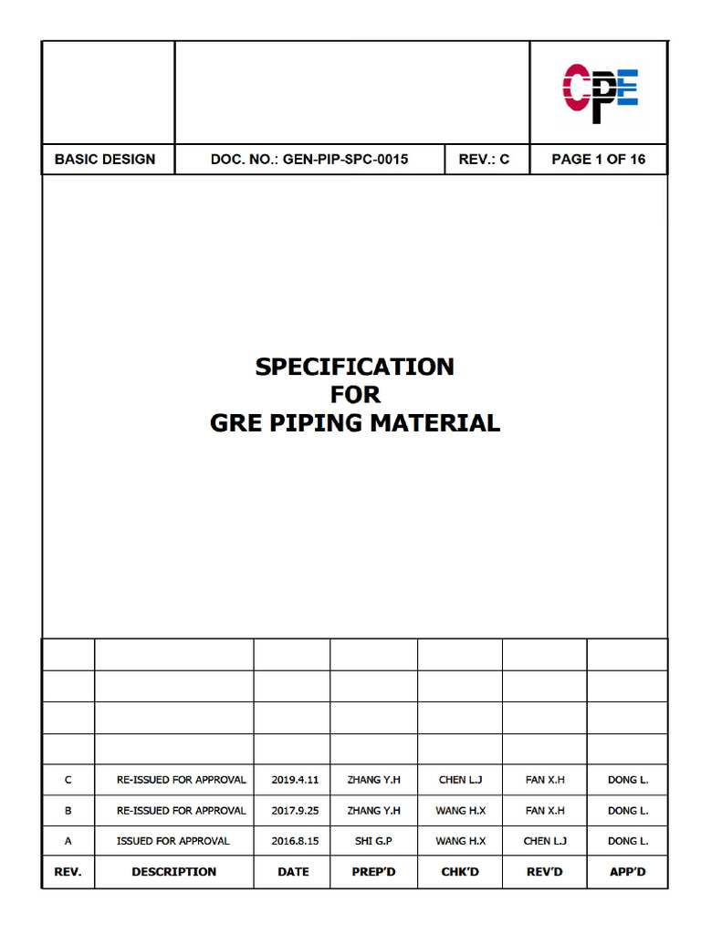 GEN-PIP-SPC-0015 Specification For GRE Piping Material | PDF