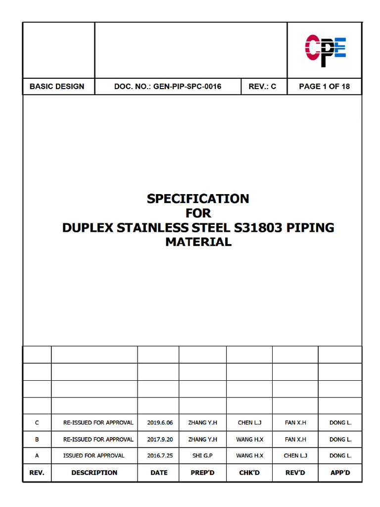 GEN-PIP-SPC-0016 Specification For Duplex Stainless Steel S31803 Piping ...