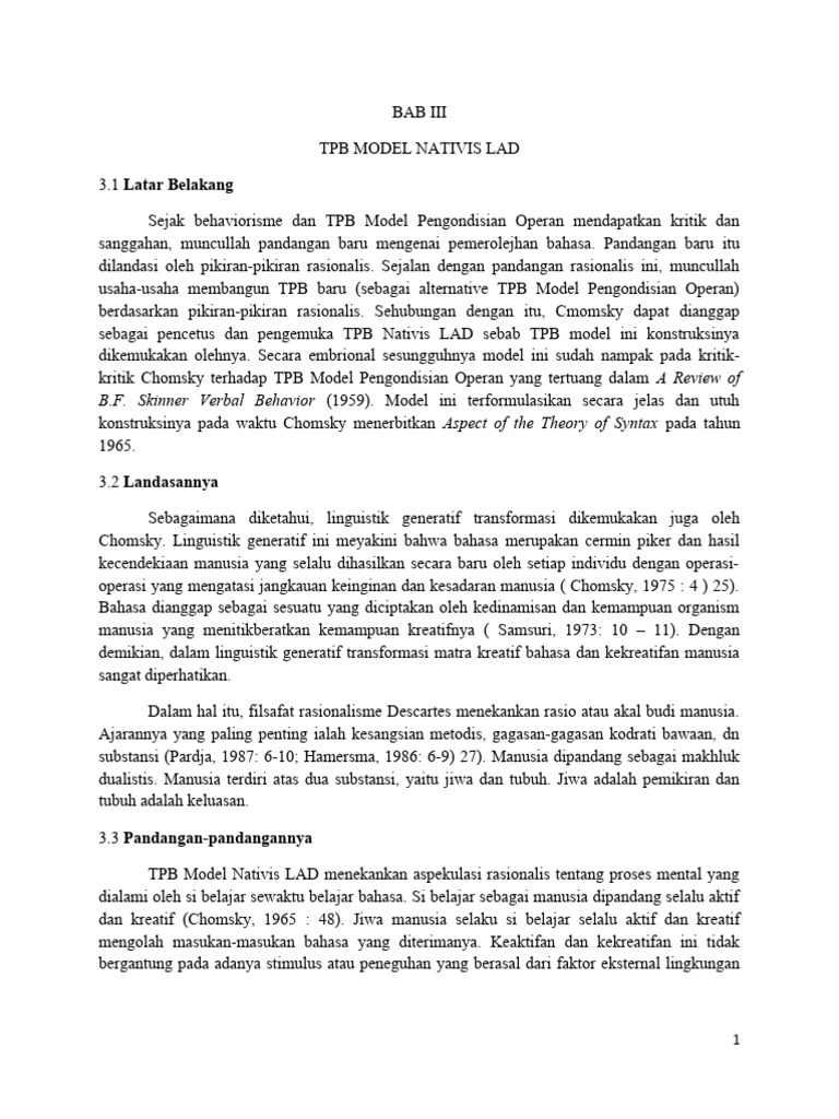 Teori Belajar Bahasa (TPB Model Nativis Lad) | PDF