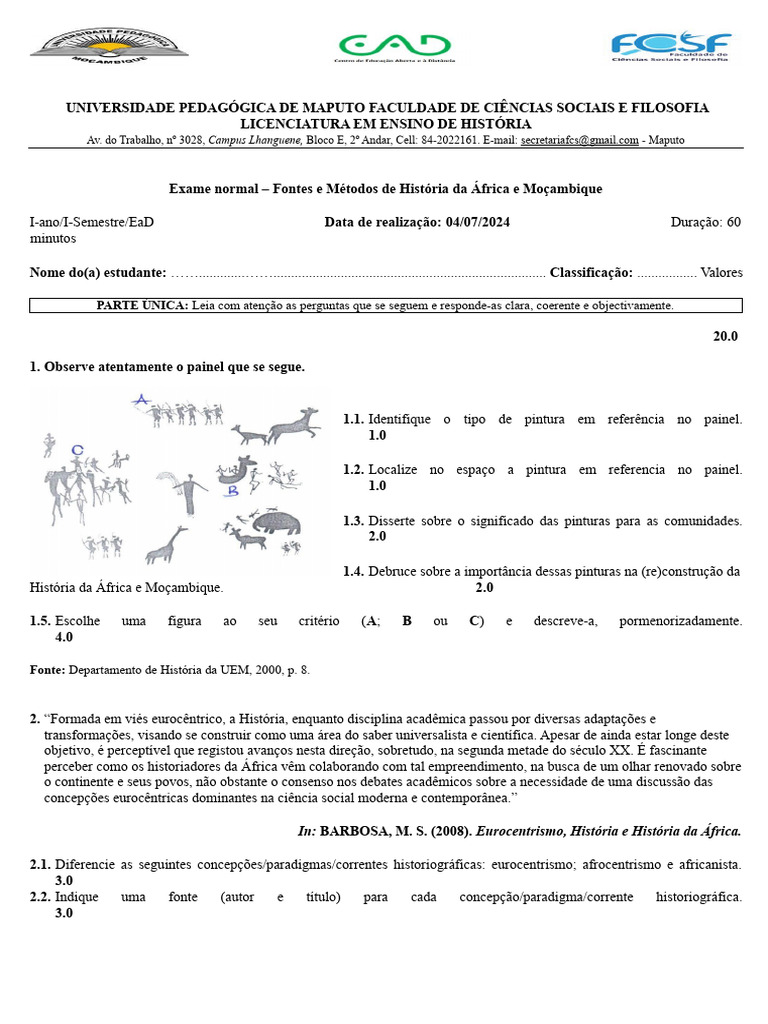 Exame Normal - Fontes e Metodos de Historia de Africa e Mocambique 1 ...